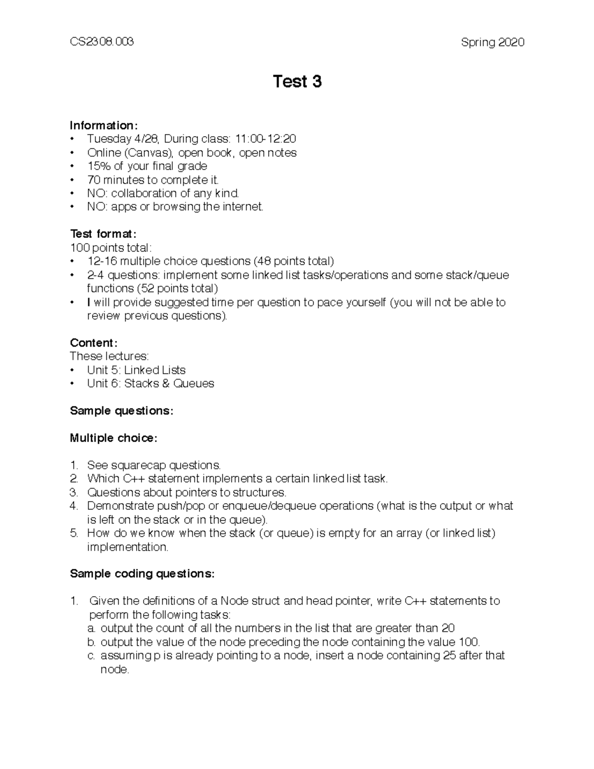 Test 3 Preparation - CS2308 Spring 2020 Test 3 Information: Tuesday 4/ ...