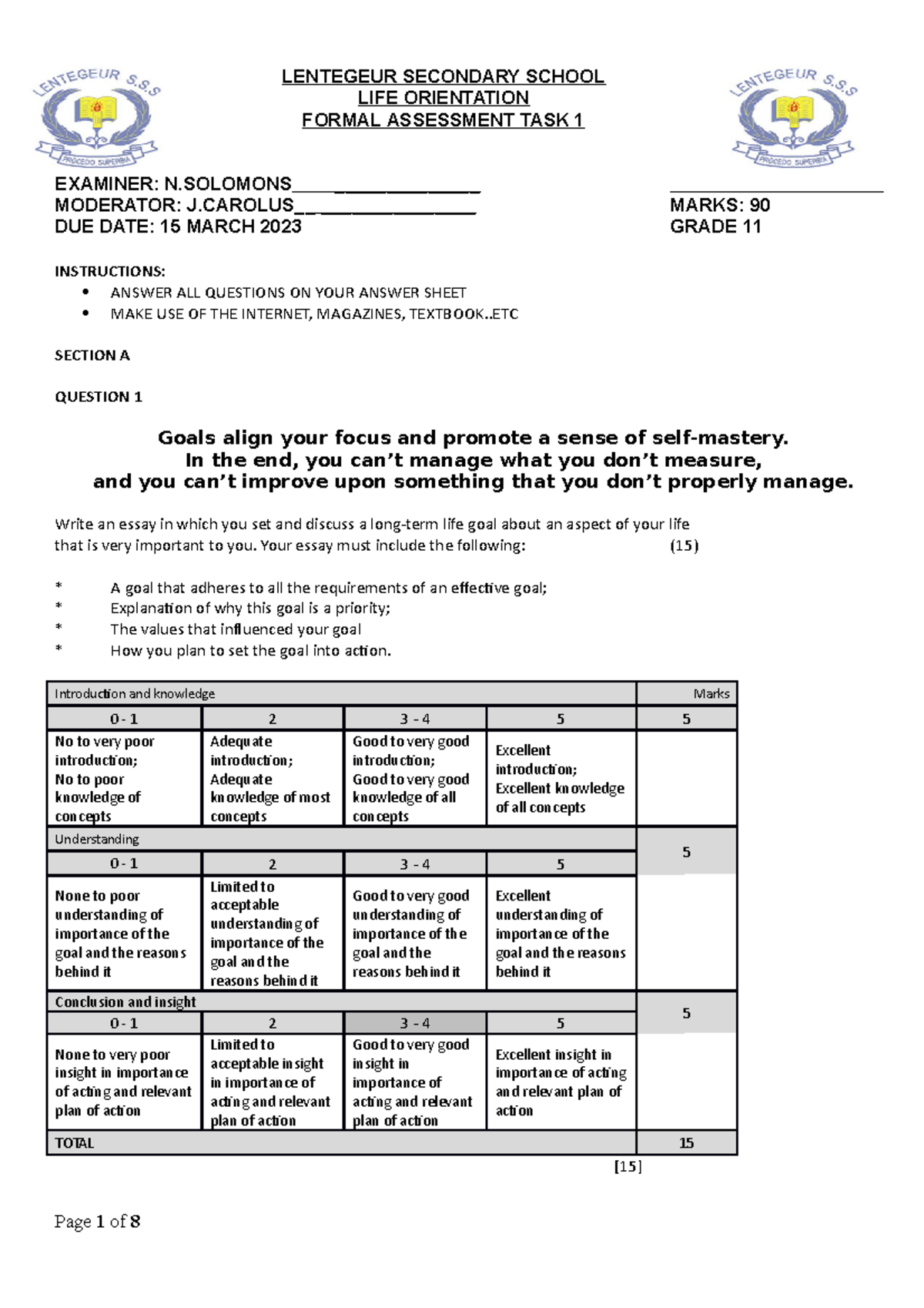 Grade 11 T1 Assignment LO - LENTEGEUR SECONDARY SCHOOL LIFE ORIENTATION ...