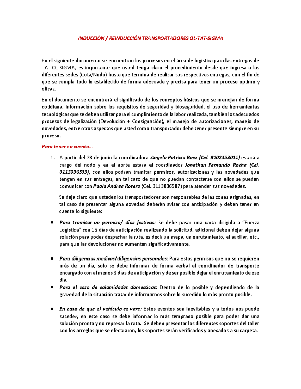 Induccion Transportadores TAT - INDUCCI”N / REINDUCCI”N TRANSPORTADORES OL-TAT-SIGMA En el ...