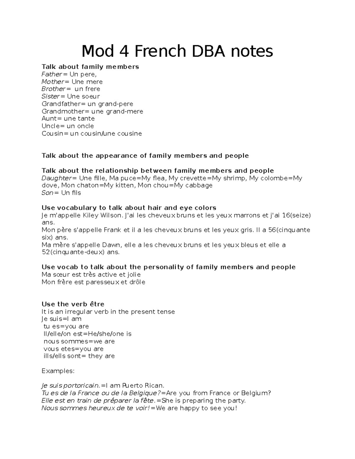 Mod 4 French DBA notes - Mod 4 French DBA notes Talk about family ...