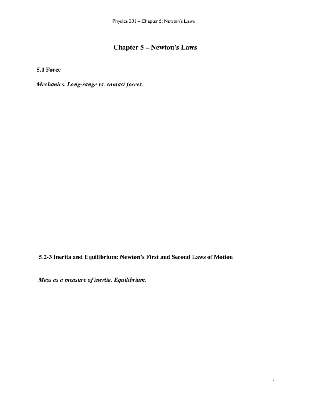 Chapter 5 Worksheet 201 - Chapter 5 – Newton's Laws 5 Force 5-3 Inertia ...