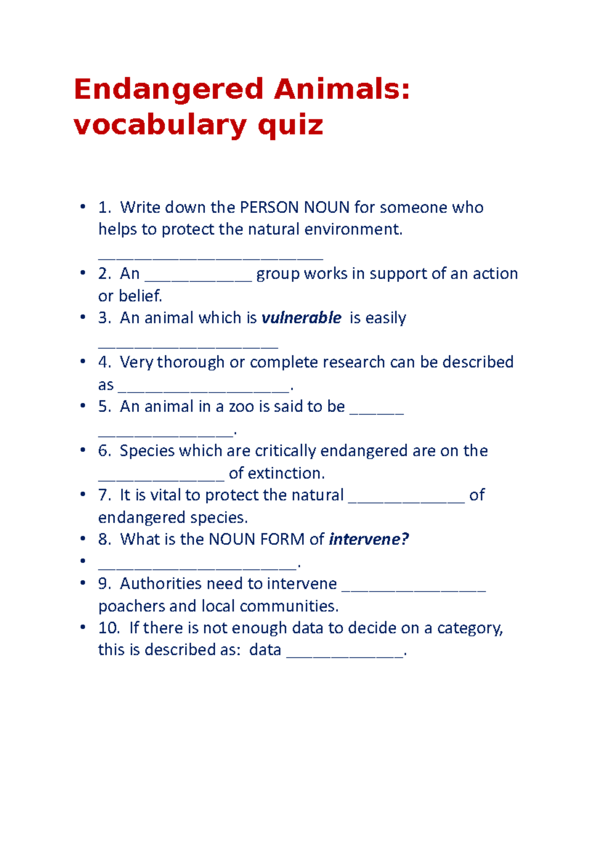 4 1 WK 22 LL1 WS 1 Endangered Animals - LELA10041 - Manchester - Studocu