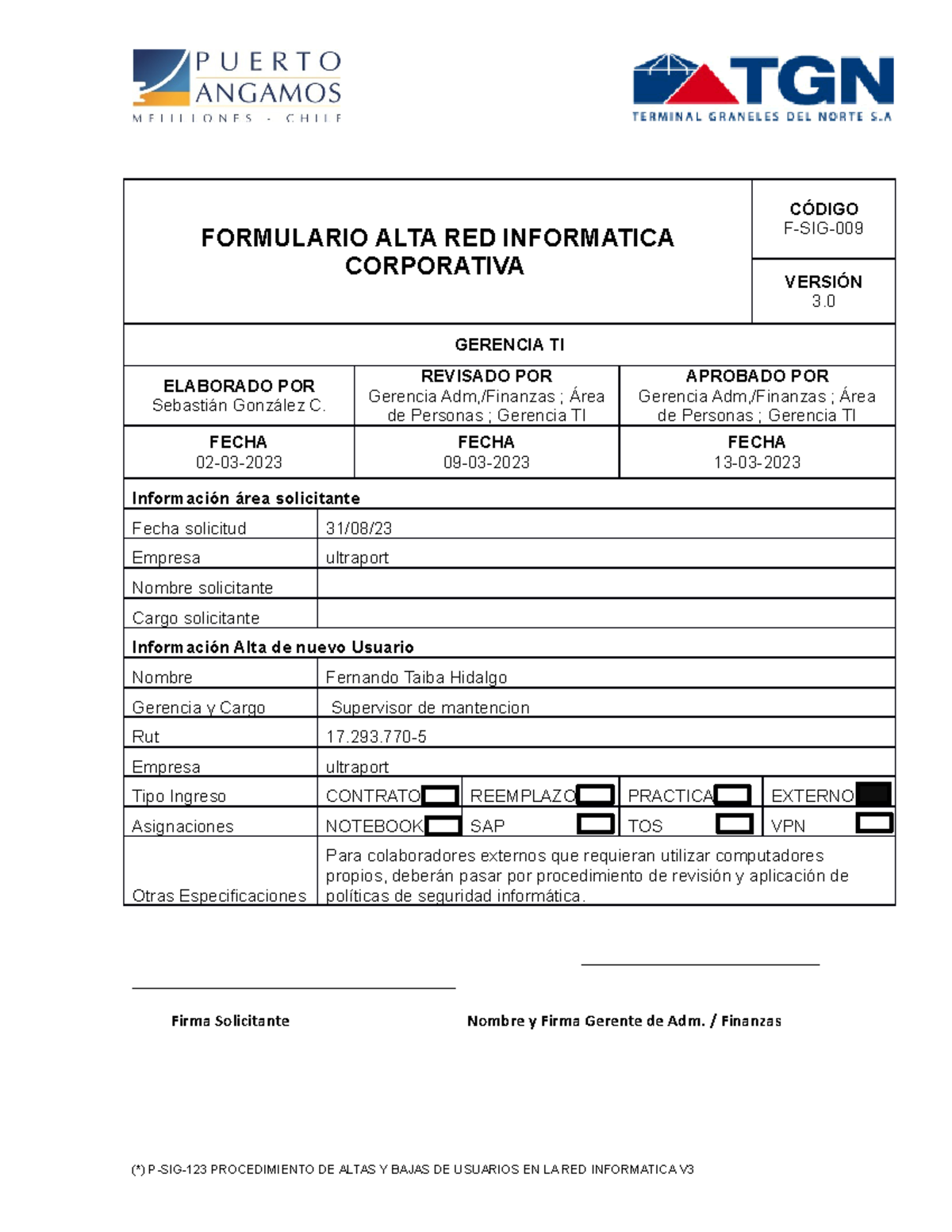 F SIG 009 Formularios Altas Y Bajas DE Usuarios - FORMULARIO ALTA RED ...