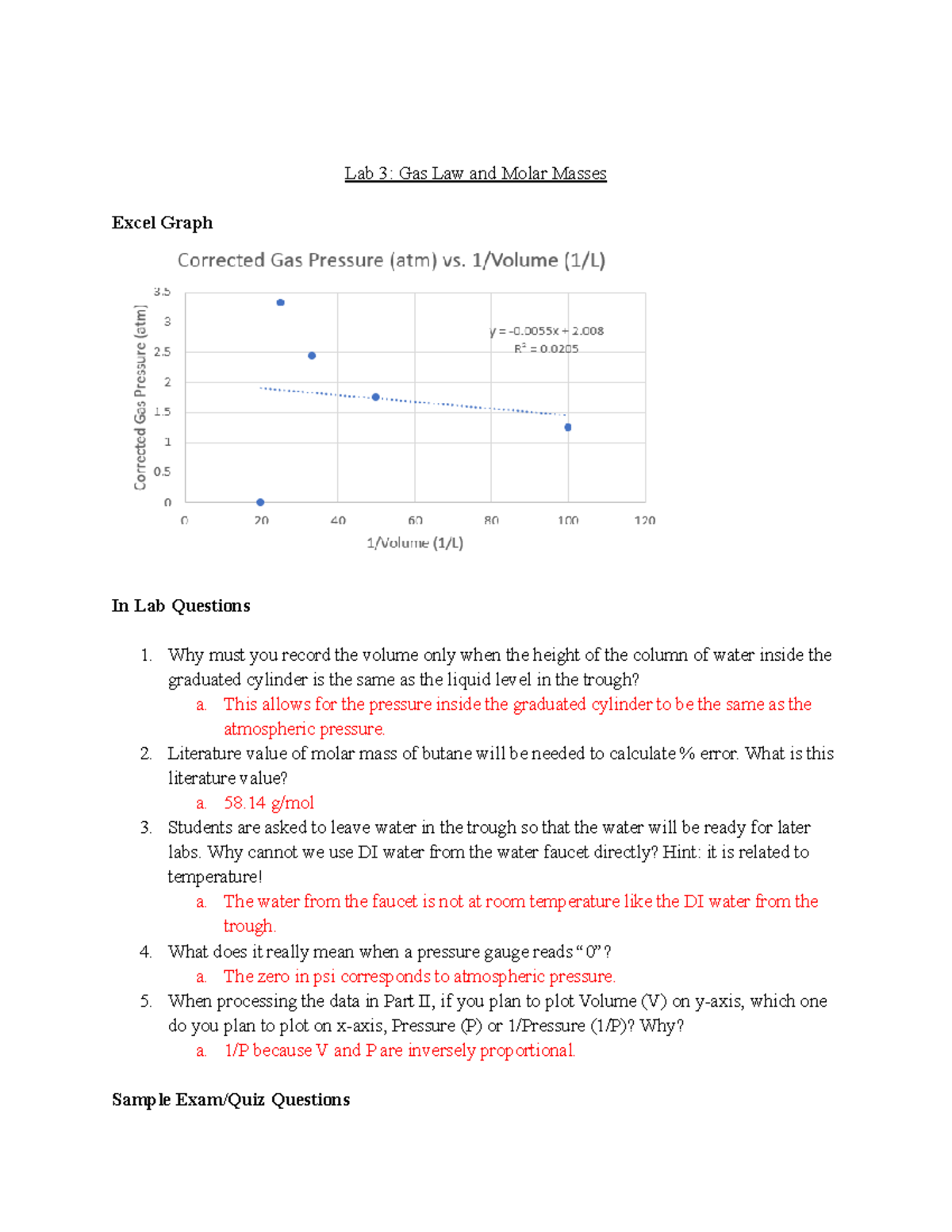 Lab 3 Gas Law and Molar Masses - Lab 3: Gas Law and Molar Masses Excel ...