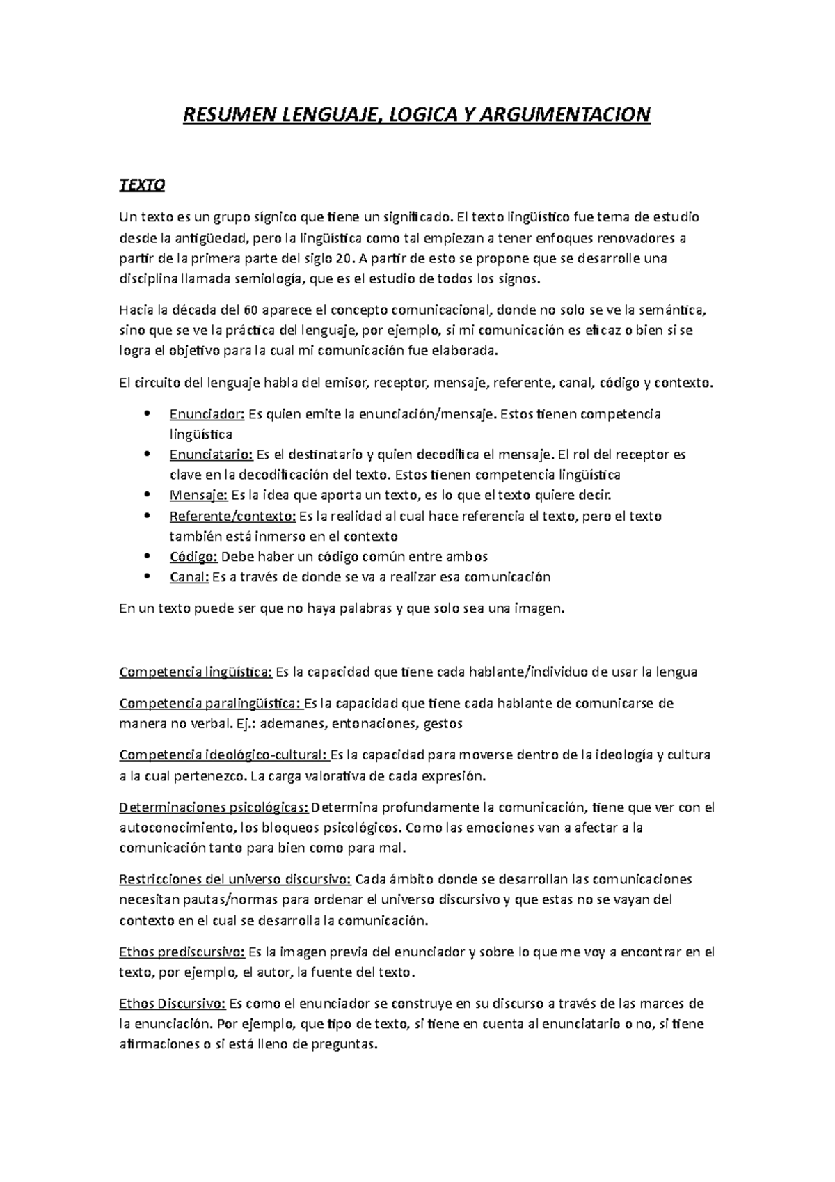 Resumen Logica y Argumentacion - RESUMEN LENGUAJE, LOGICA Y ARGUMENTACION TEXTO Un texto es un ...