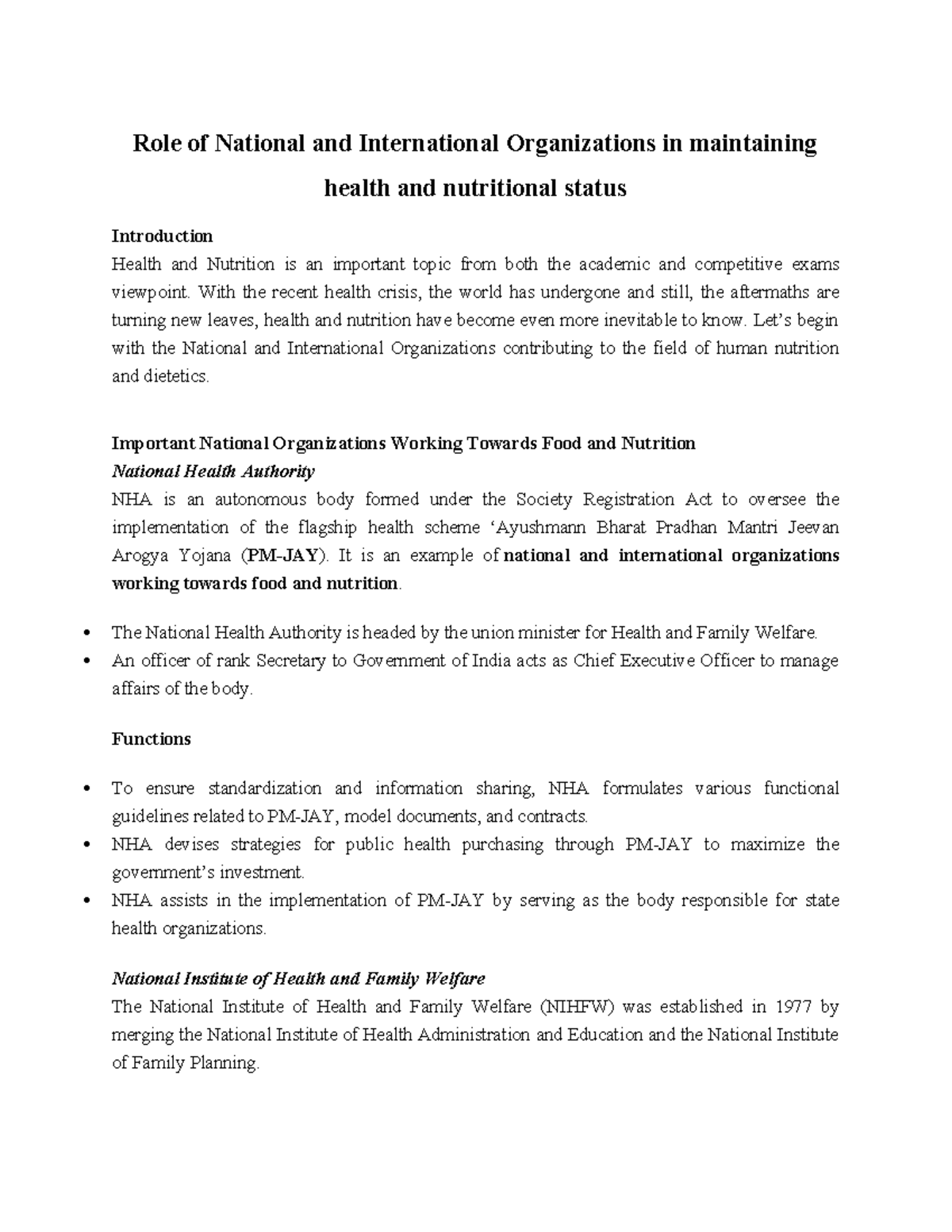 National and International Organizations in maintaining health and ...