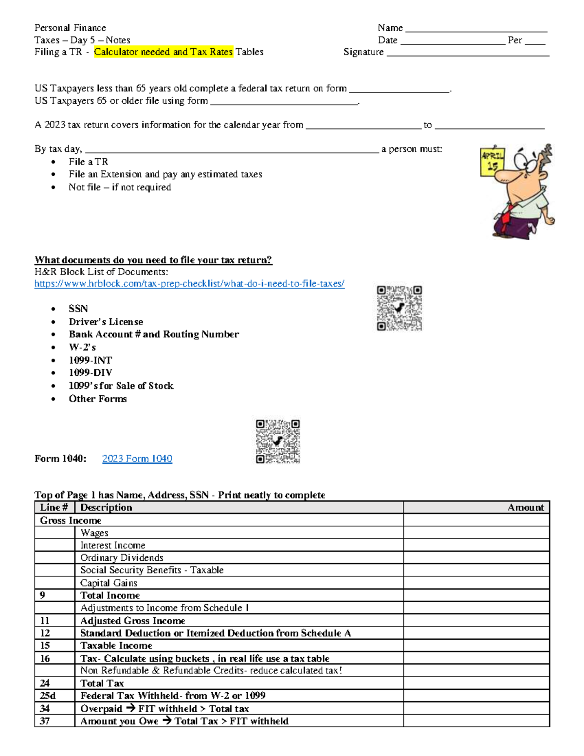 Day 5 Notes HW Preparing a Tax Return - Personal Finance Name