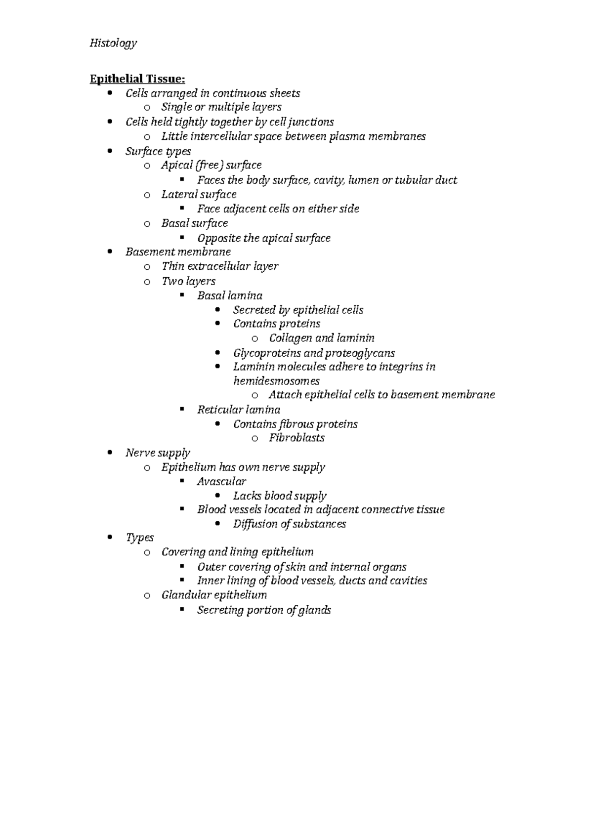 Epithelial Tissue Lecture Notes - Epithelial Tissue: Cells arranged in ...