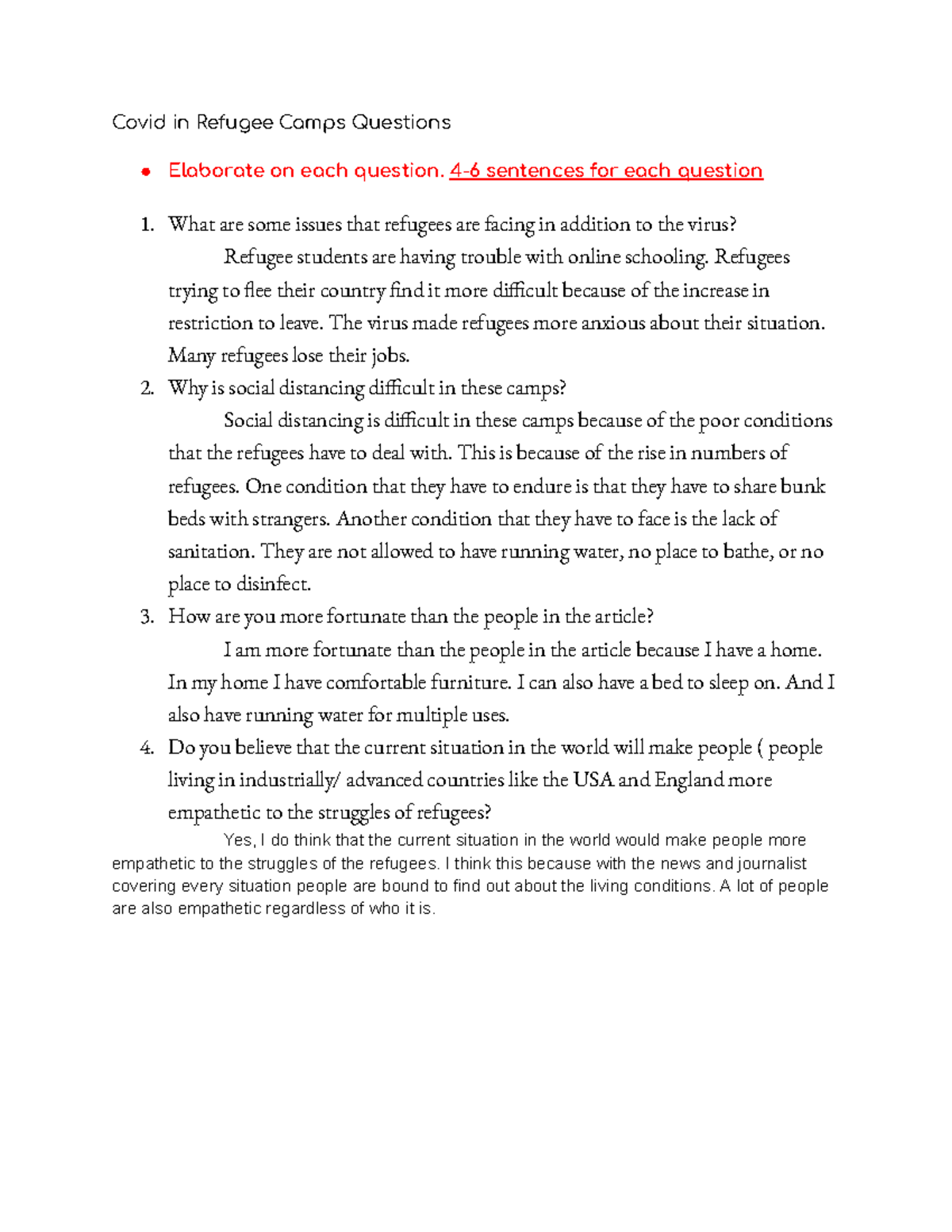 Covid in Refugee Camps Questions - 4-6 sentences for each question What ...