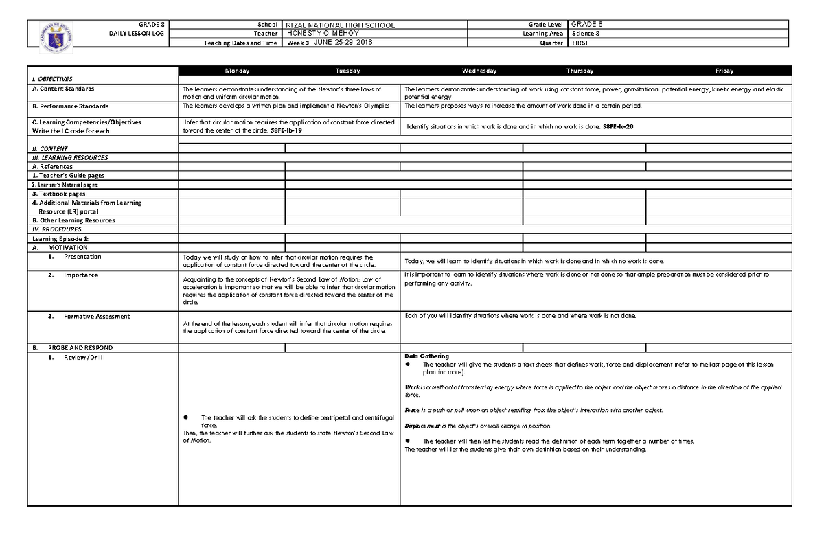 445520447 DLL Science 8 Q1 Week4 - GRADE 8 DAILY LESSON LOG School ...