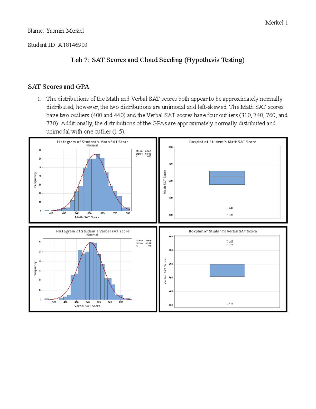 Lab 7 - Name: Yasmin Merkel Student ID: A Lab 7: SAT Scores and Cloud Seeding (Hypothesis ...