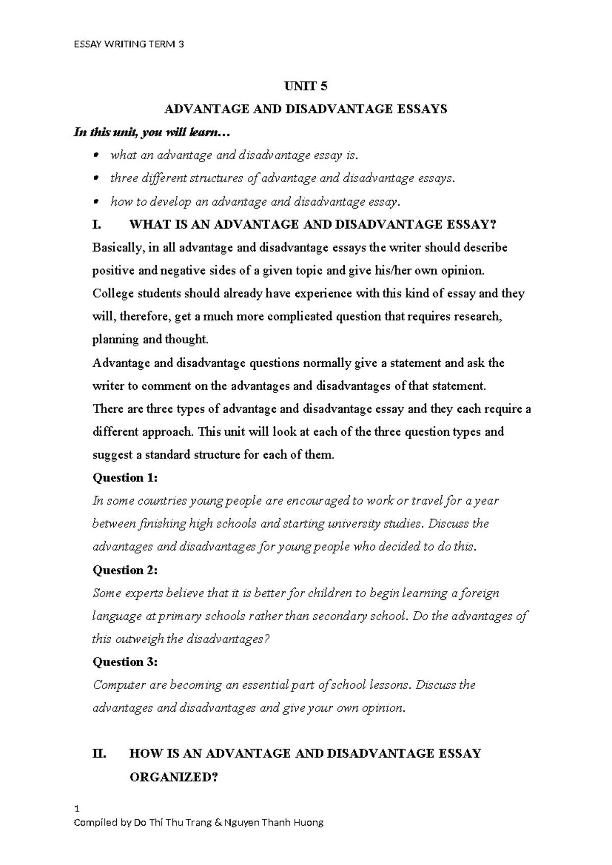 Advantage- Disadvantage Essay Completed - UNIT 5 ADVANTAGE AND ...