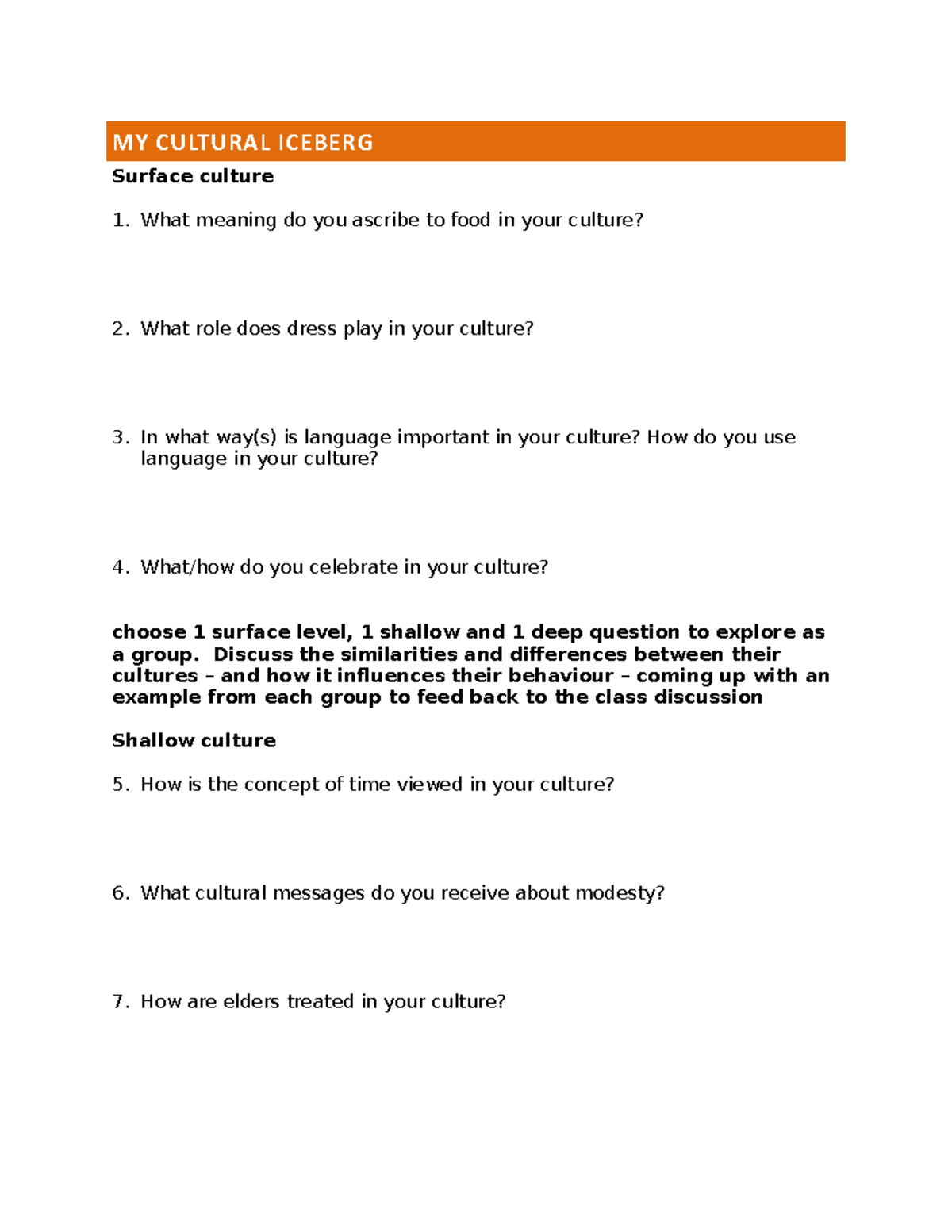 Cultural Identity worksheet Canvas - MY CULTURAL ICEBERGSurface culture ...