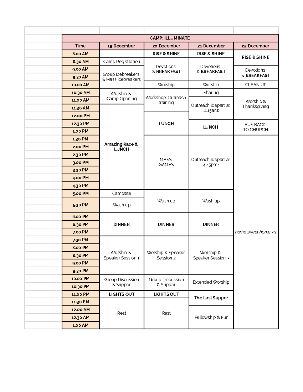 Copy of Camp Timetable - Draft - CAMP: ILLUMINATE Time 19 December 20 ...