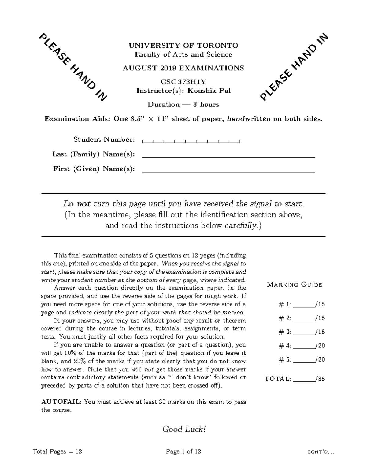 Csc373h A19 Past Exam Q Please Hand In University Of Toronto Faculty Of Arts And Science