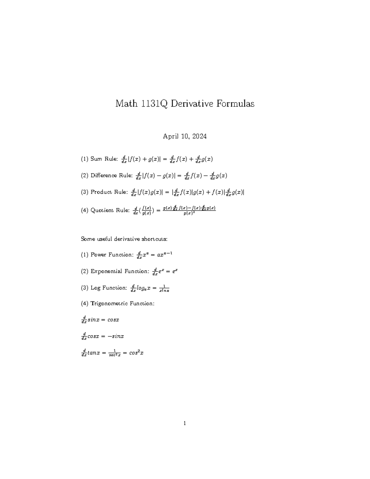 Math 1131Q Derivative Formulas - Studocu