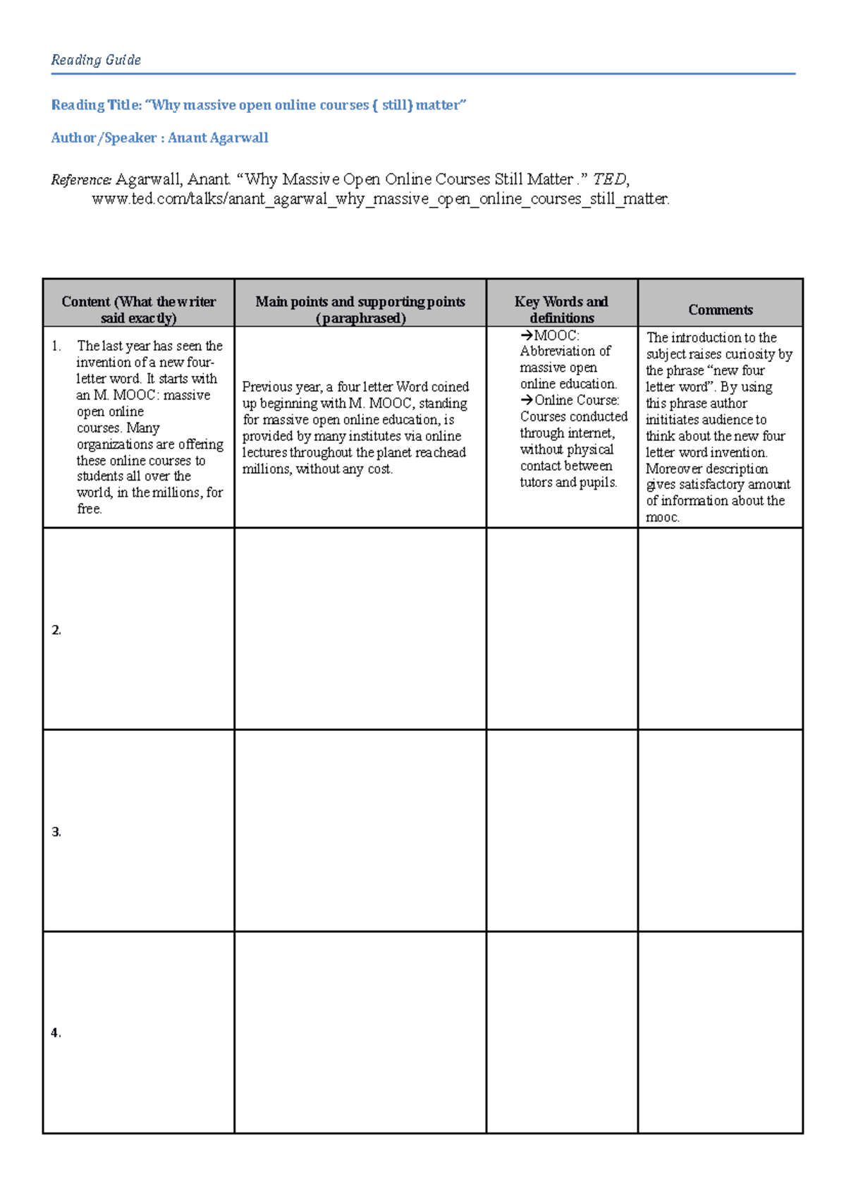 Sample - Handout - Reading Guide Reading Title: “Why massive open ...
