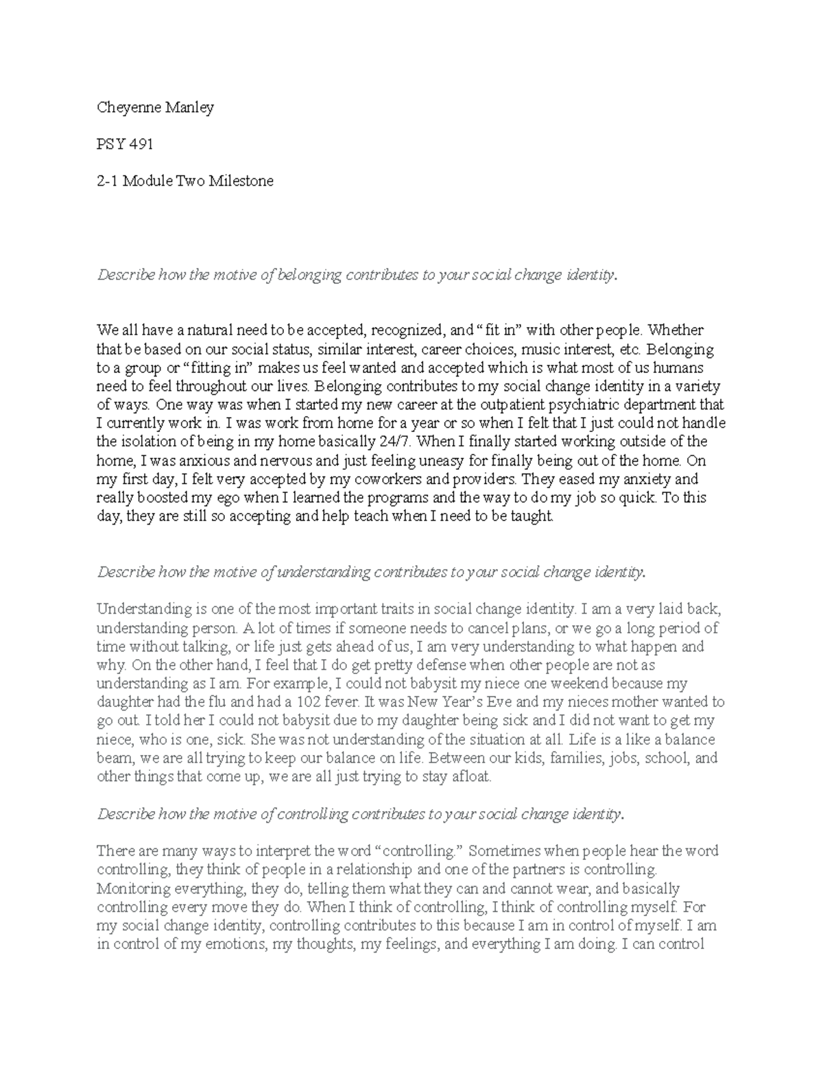 PSY 491 Module Two Milestone - Cheyenne Manley PSY 491 2-1 Module Two ...