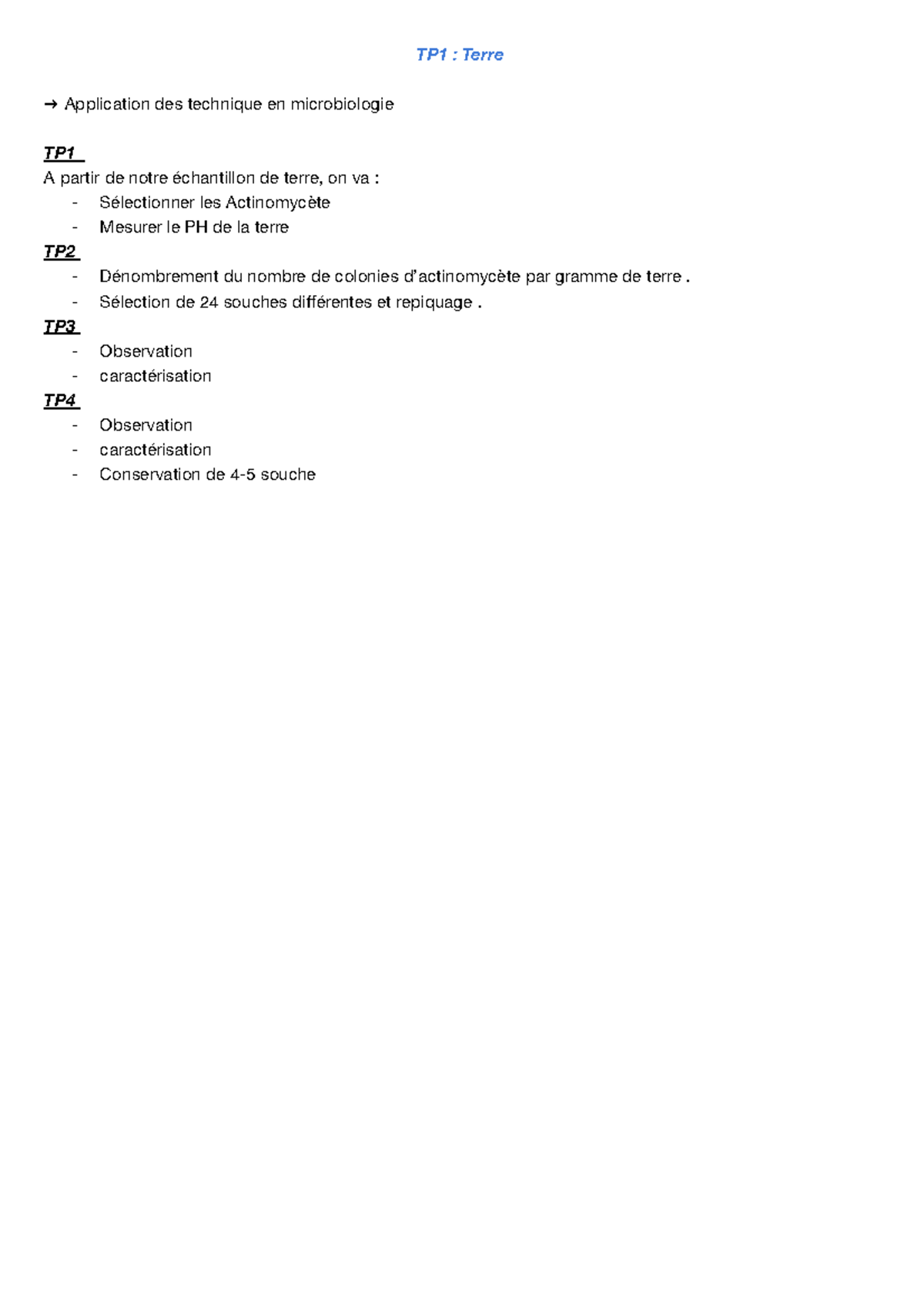TP1 Terre - Résumer du TP1 en microbiologie - TP1 : Terre → Application des technique en - Studocu