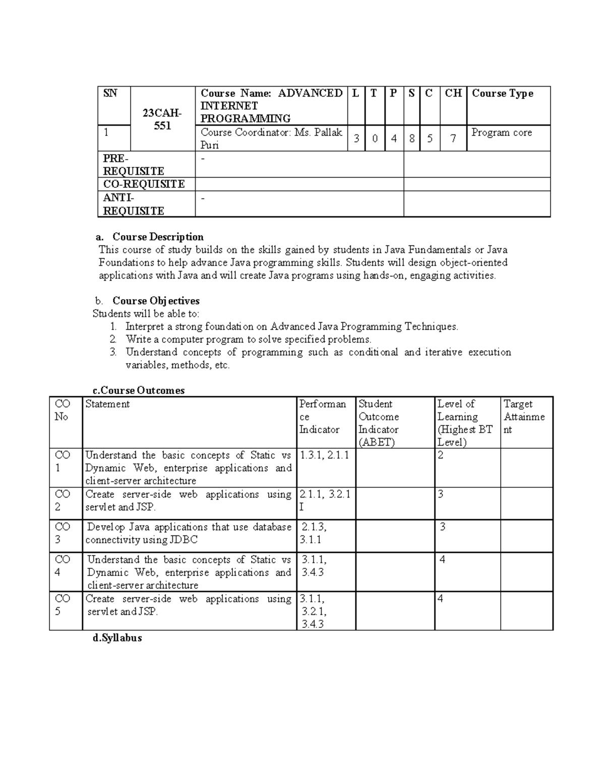 Semester-2 Subject and Syllabus - SN 23CAH- 551 Course Name: ADVANCED ...