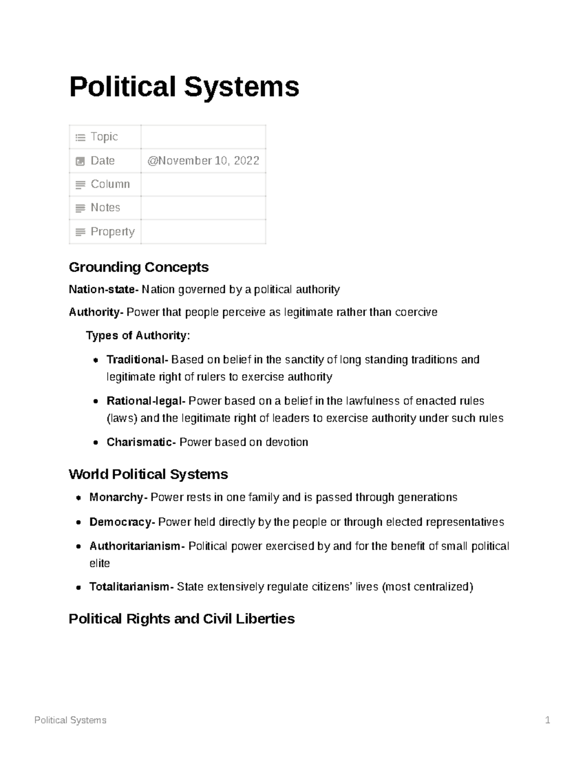 Political Systems - Notes - Political Systems 1 Political Systems Topic ...