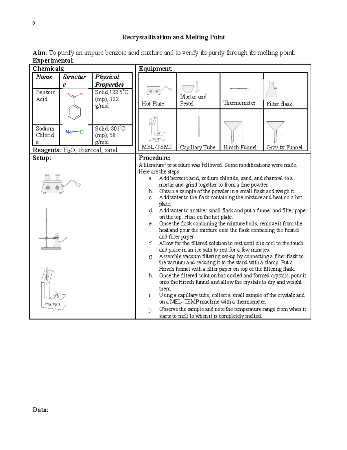 Recrystallization and Melting Point Lab Report - 0 Recrystallization ...