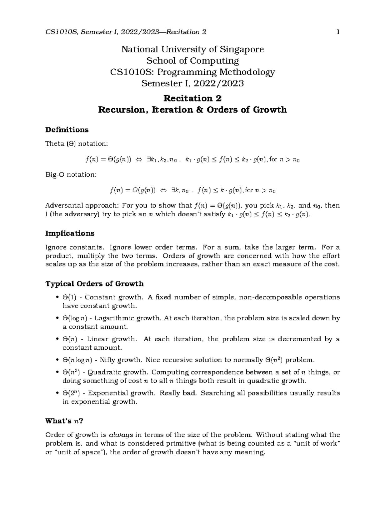 Recitations Questions - National University of Singapore School of Computing CS1010S ...