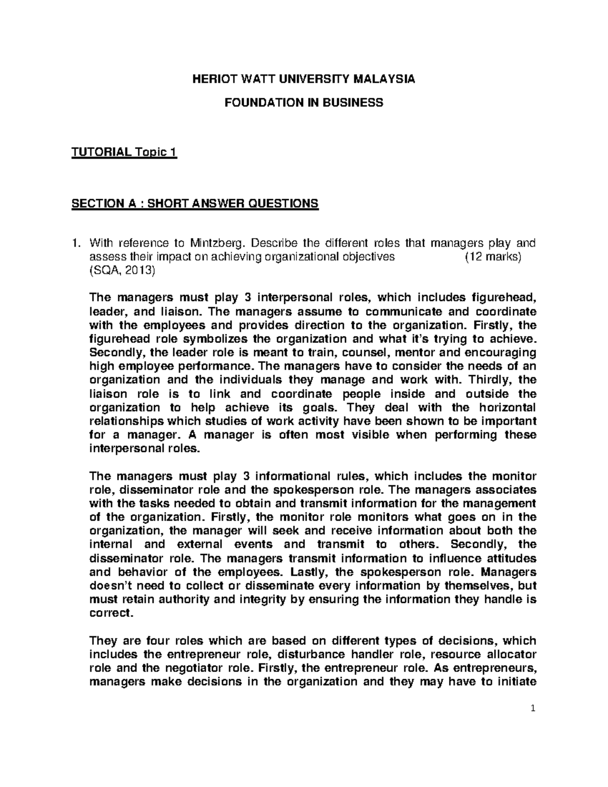 Business tutorial w1 - 1 HERIOT WATT UNIVERSITY MALAYSIA FOUNDATION IN ...