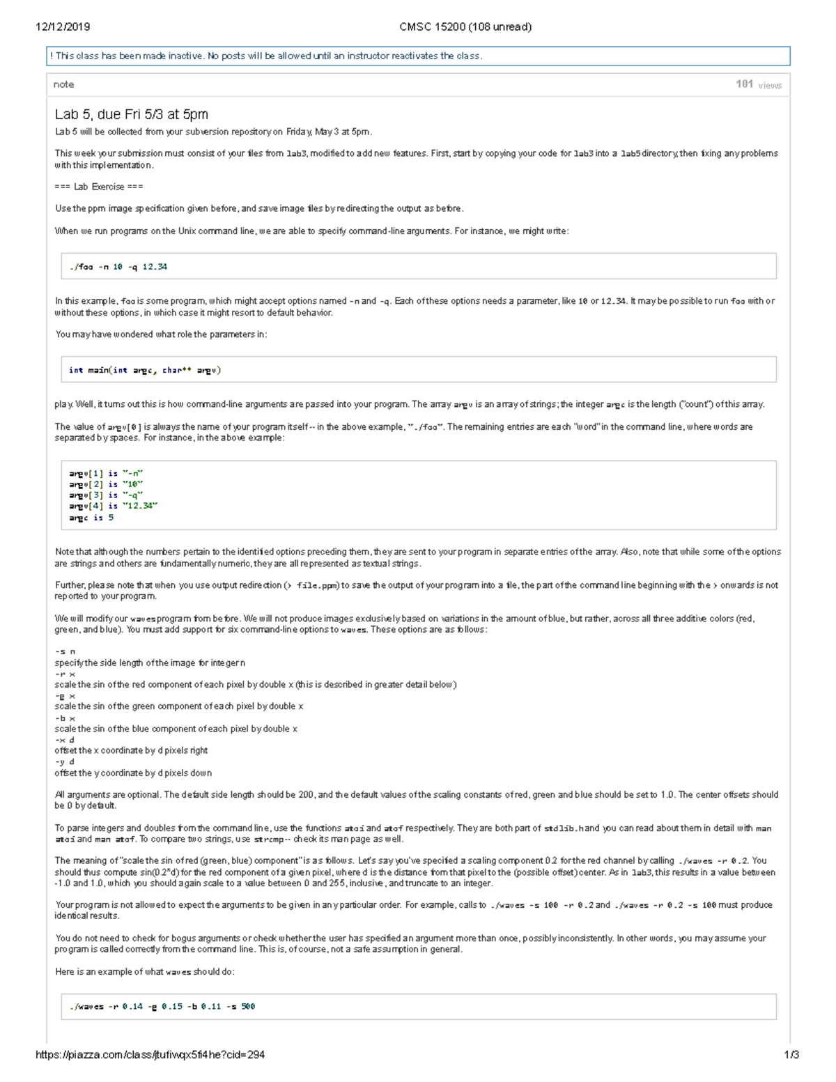 Lab 5 Assignment - 12/12/2019 CMSC 15200 (108 unread) piazza/class/jtufiwqx5fi4he?cid=294 1 ...