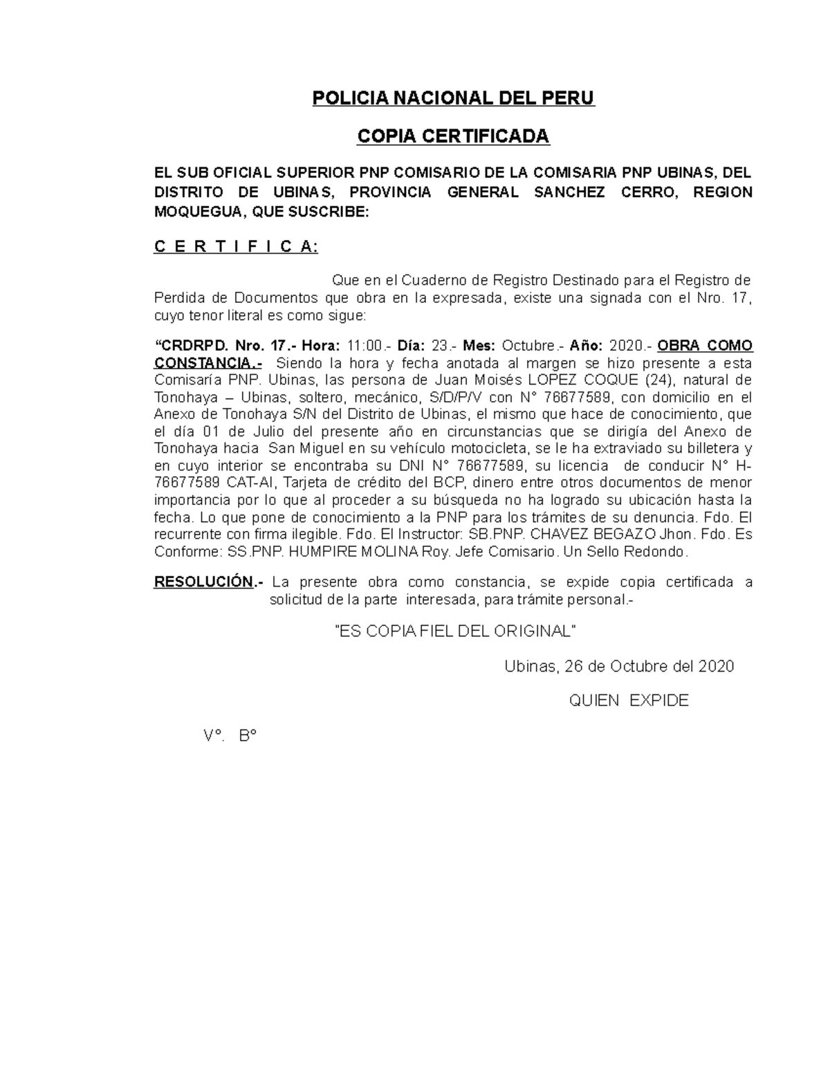 Copia Certificada Señor Pacori - POLICIA NACIONAL DEL PERU COPIA ...
