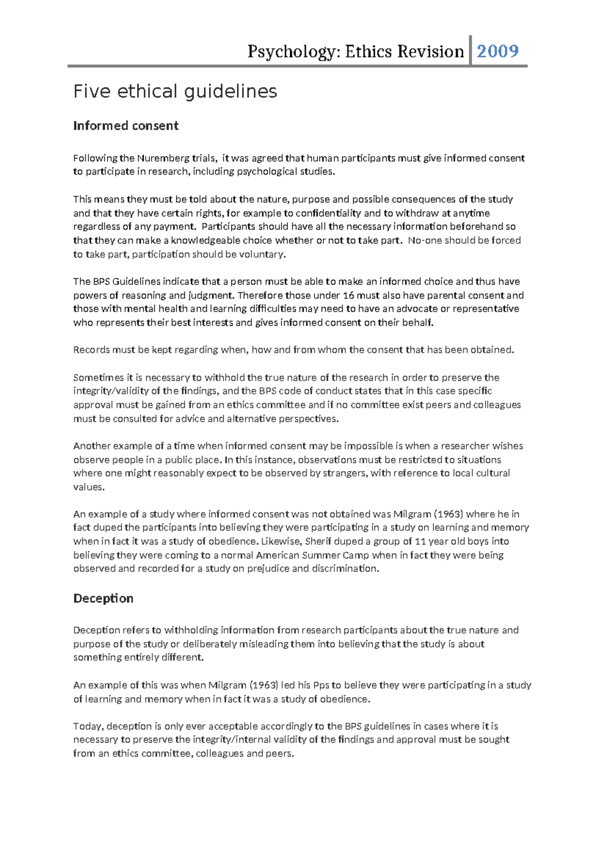 Five ethical guidelines model answers - Psychology: Ethics Revision ...