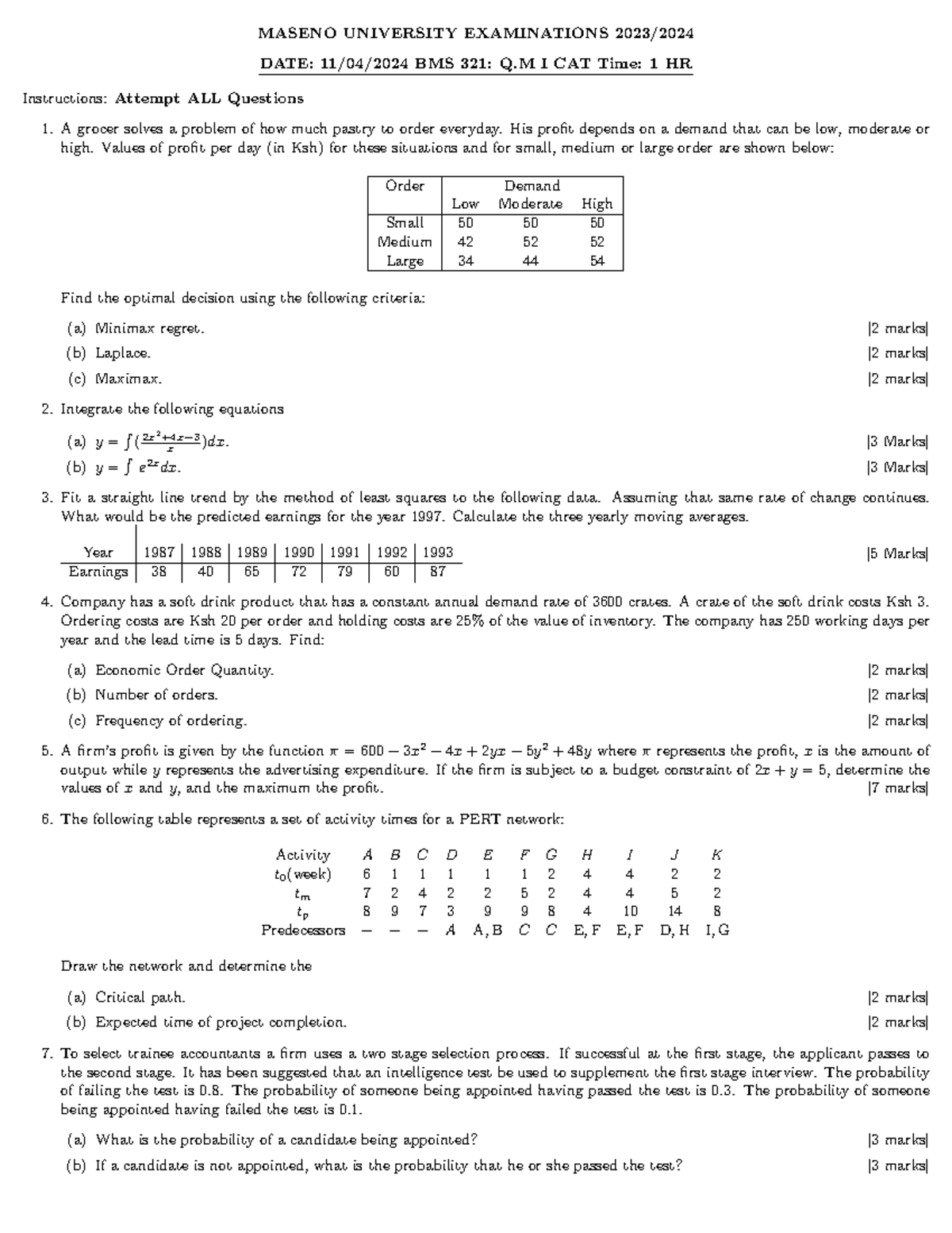 BMS 302 CITY CAT - Cat past paper - MASENO UNIVERSITY EXAMINATIONS 2023 ...