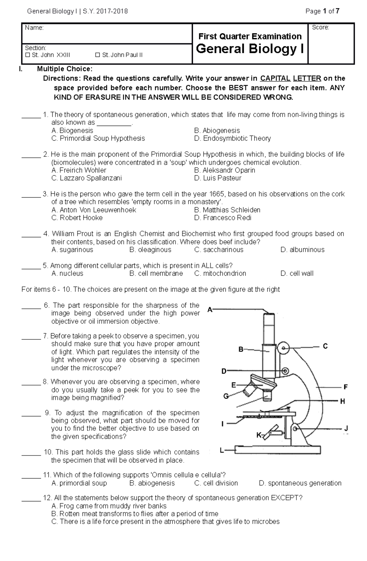 Bio I PT Q1 - Review materials - Name: First Quarter Examination ...