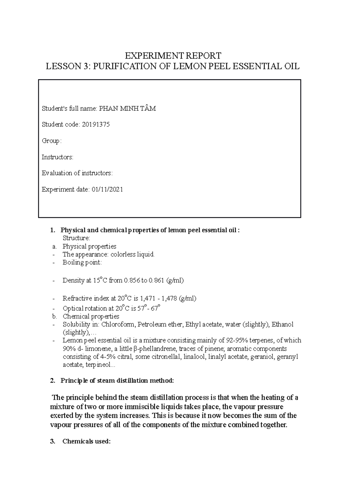 Experiment 3 Report - EXPERIMENT REPORT LESSON 3: PURIFICATION OF LEMON ...