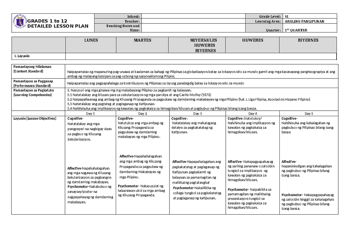 Dll Araling Panlipunan 6 q1 w3 - GRADES 1 to 12 DETAILED LESSON PLAN School: Grade Level: VI ...