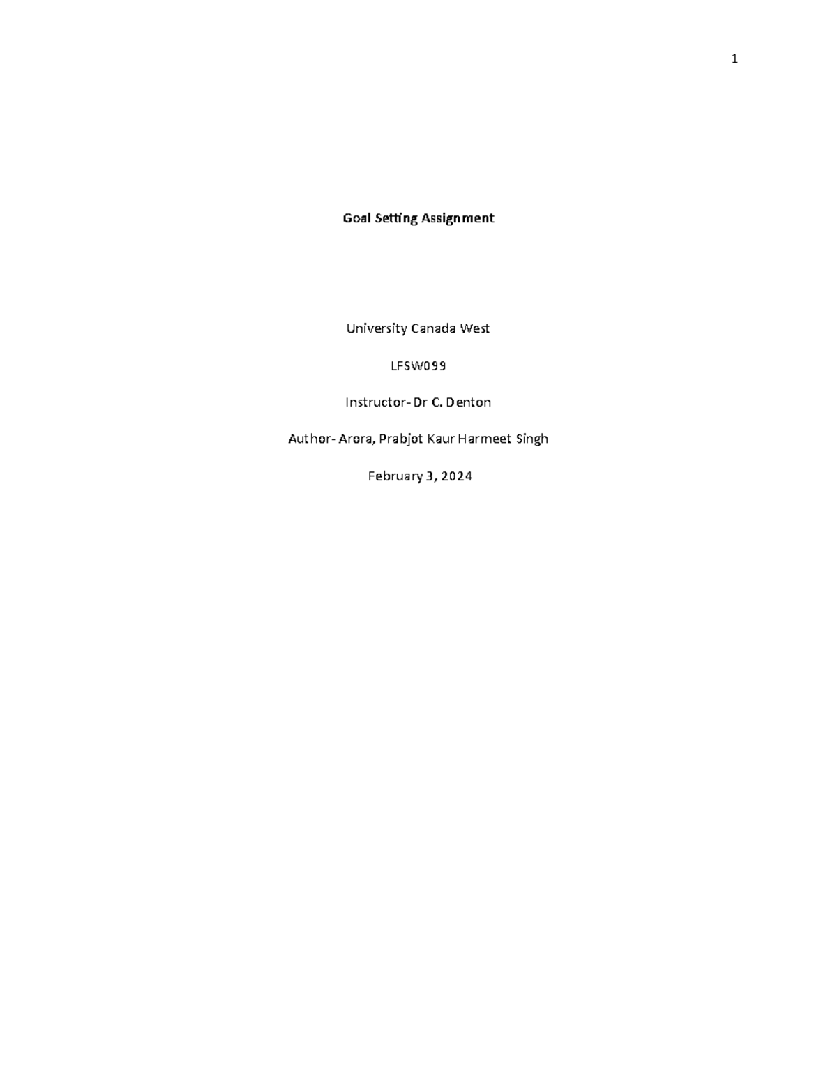 LFSW GOAL Assignment - LFSW 099 - 1 Goal Setting Assignment University ...