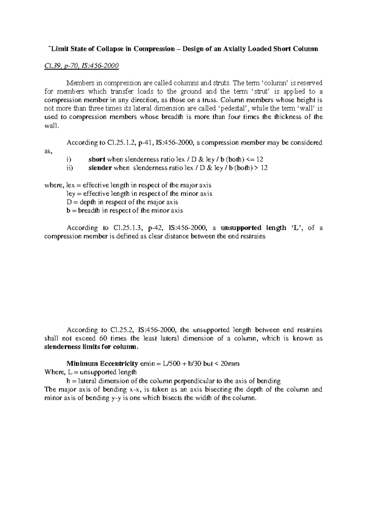 Limit state method column for axial loading - `Limit State of Collapse ...