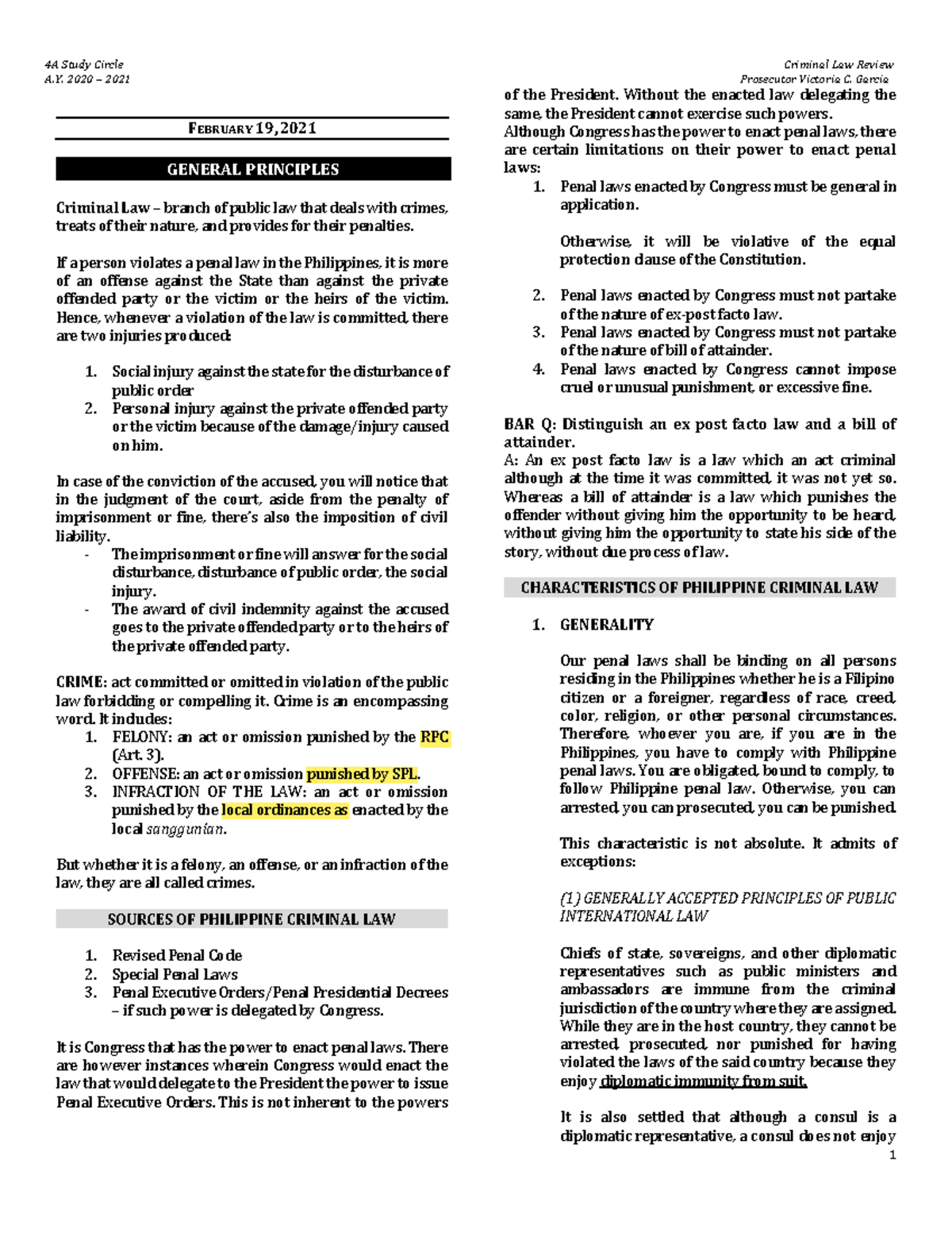 Criminal Law Review Prosec Garcia Notes 2021 - A. 2020 – 2021 ...