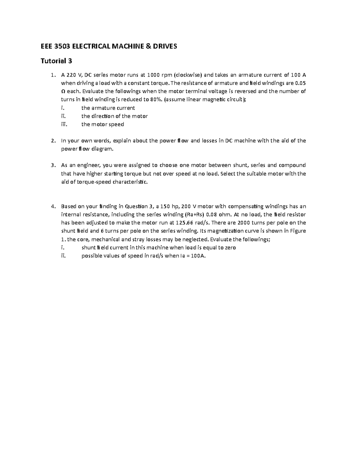 Tutorial 2 - electrical machine and drives - EEE 3503 ELECTRICAL ...