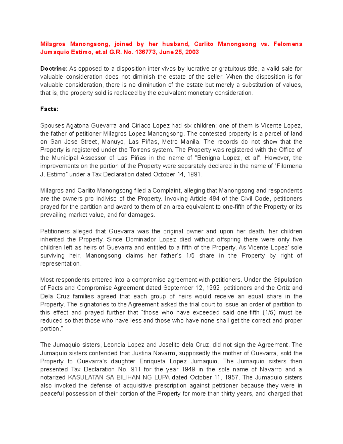 521338580 Manongsong vs Estimo - Milagros Manongsong, joined by her ...