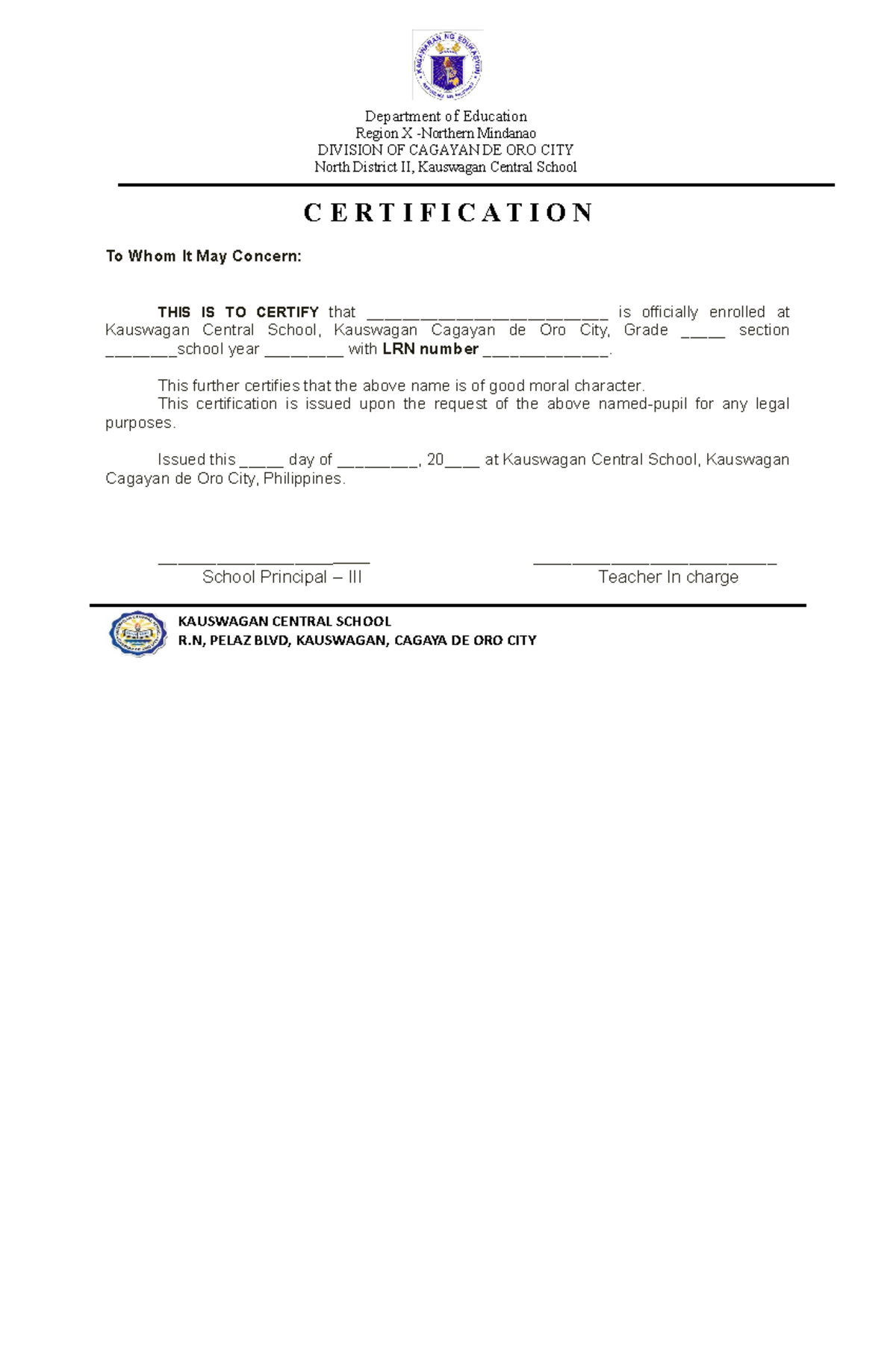 Certificate OF Enrollment - C E R T I F I C A T I O N To Whom It May ...