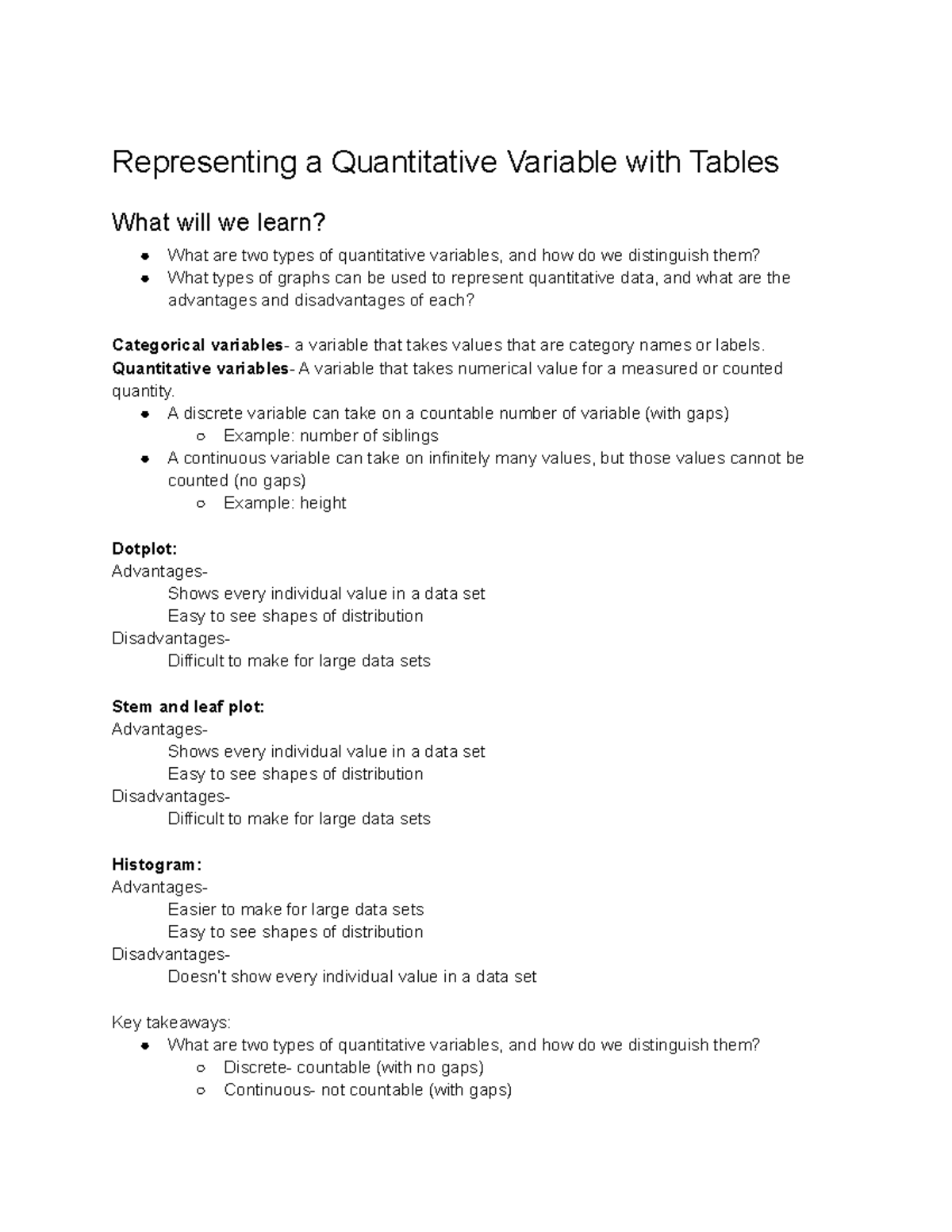 notes for statistics - Representing a Quantitative Variable with Tables ...