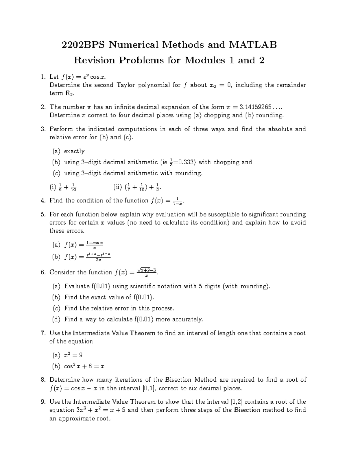 Revision Notes Numerical Methods & Matlab (2202BPS) courses, - 2202BPS ...