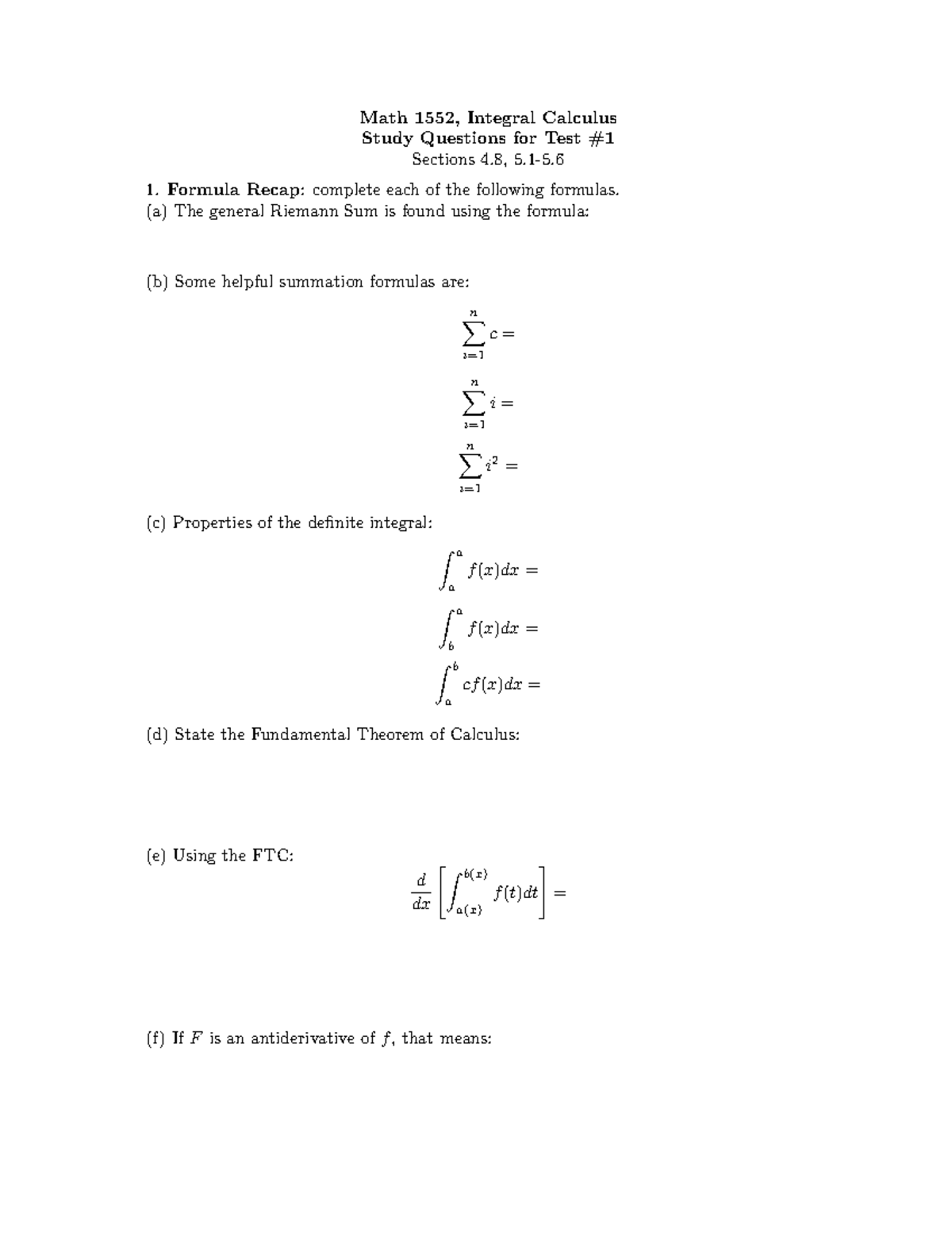 Integral - unit 1 - Math 1552, Integral Calculus Study Questions for ...