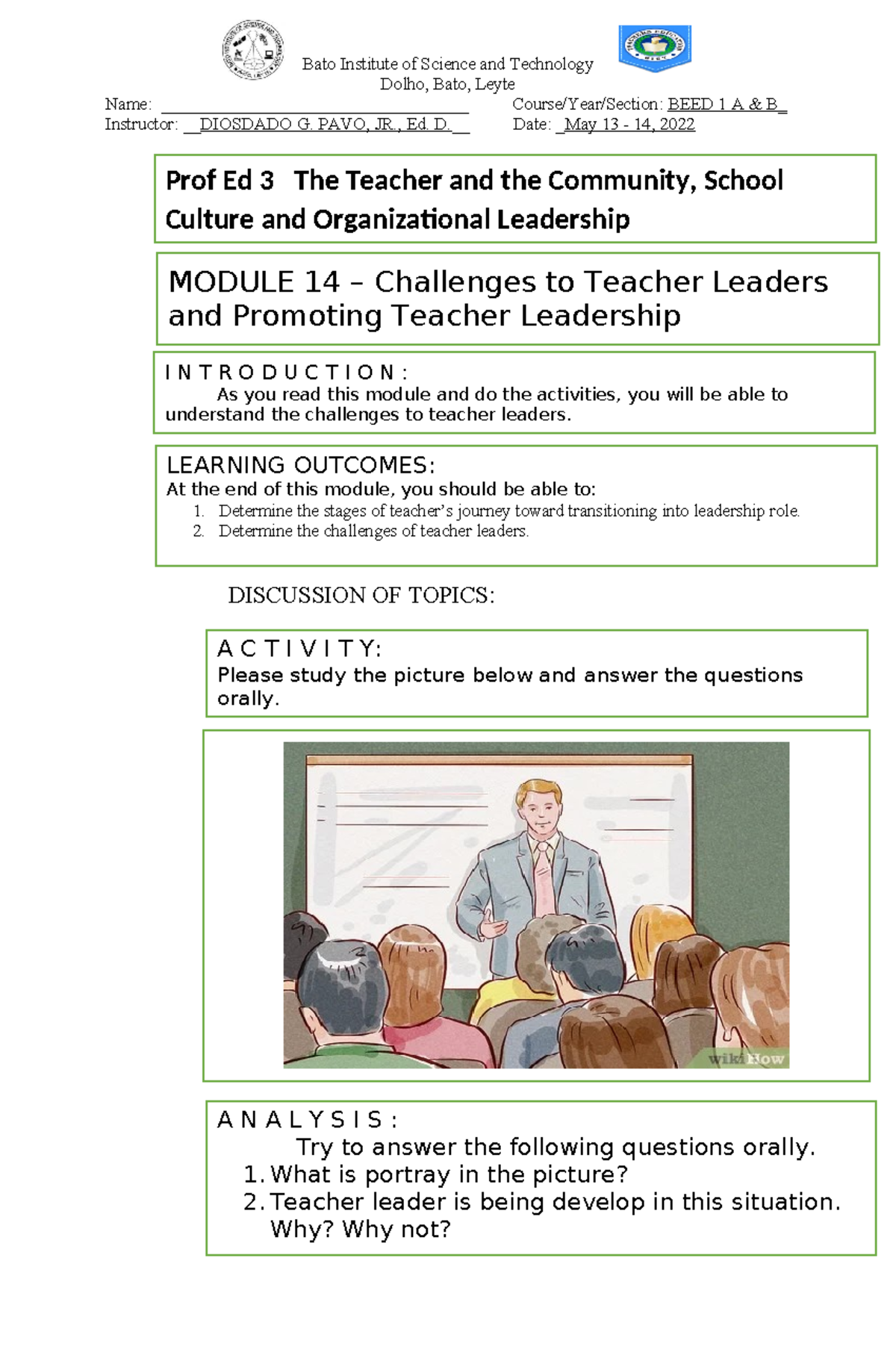Module 14 Prof Ed 3 - Bato Institute of Science and Technology Dolho ...