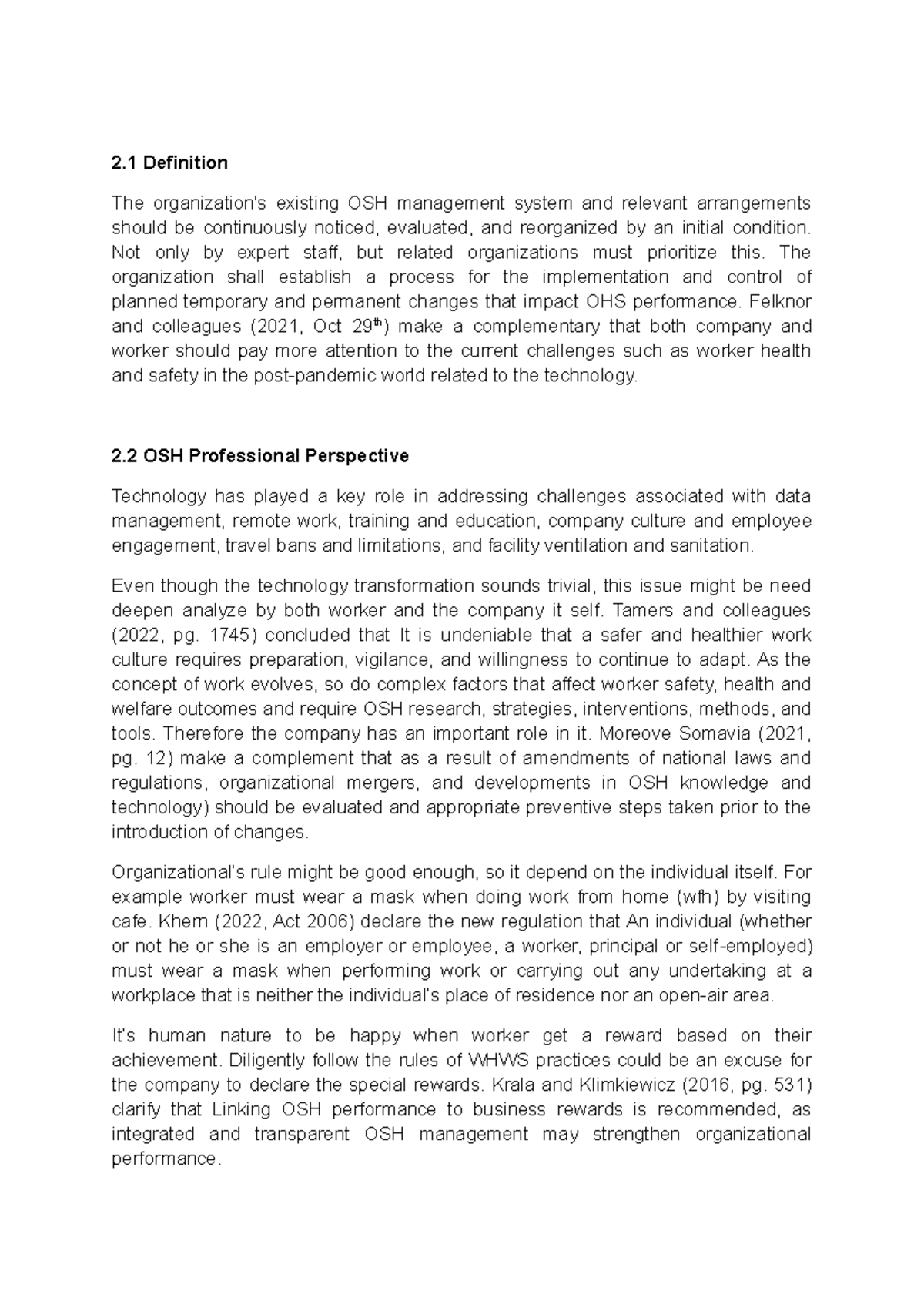OSH Professional Perspective of WHWS Literature Review - 2 Definition ...