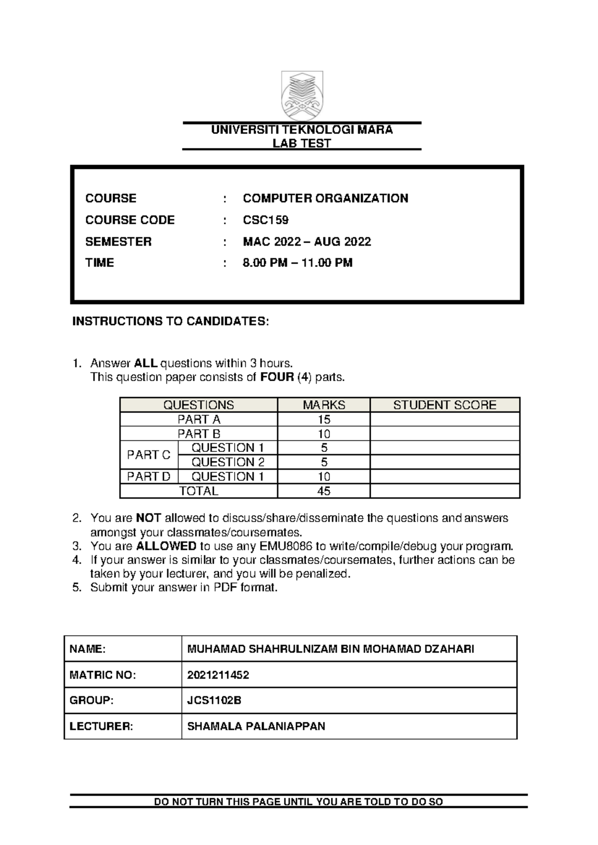 Lab test csc159 question - UNIVERSITI TEKNOLOGI MARA LAB TEST COURSE ...