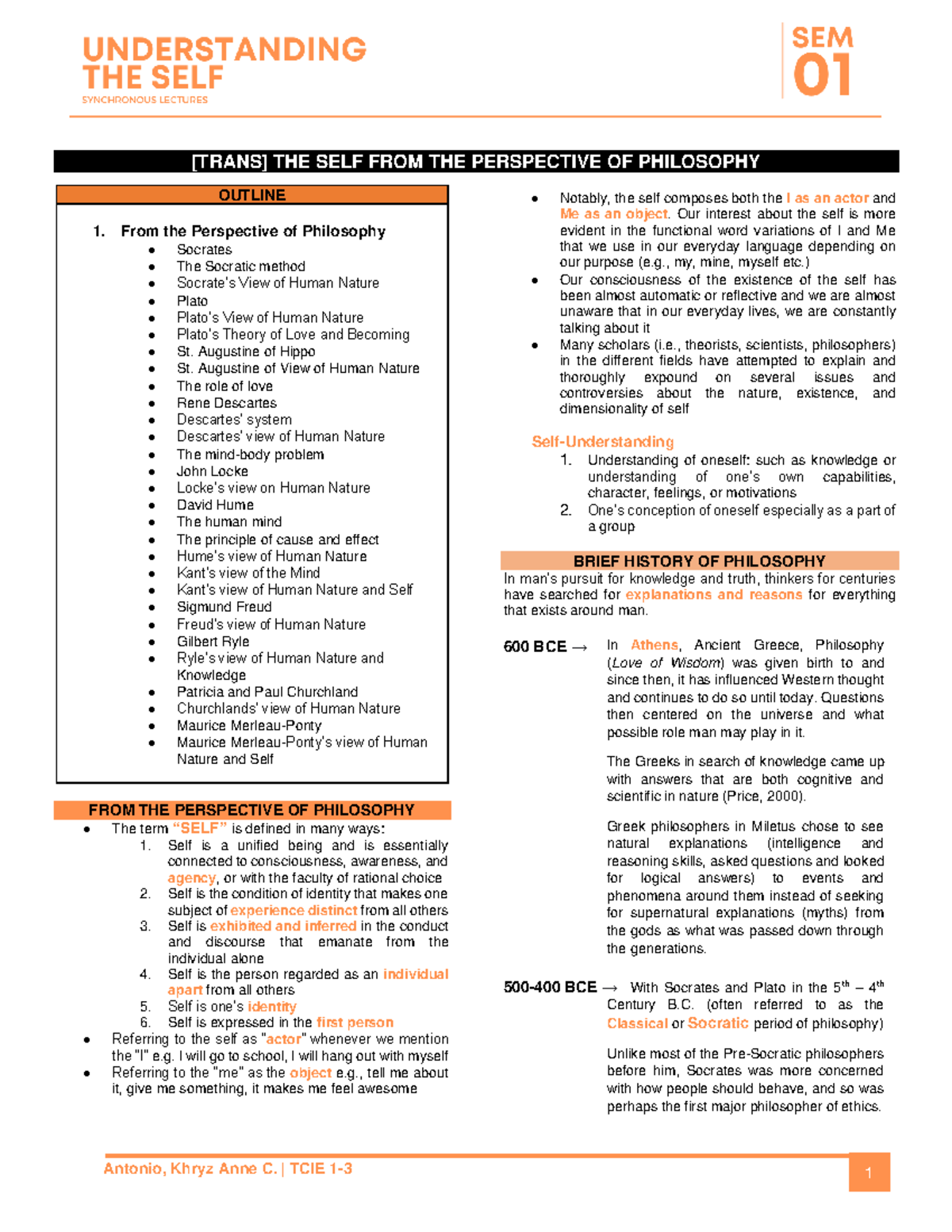 Understanding The Self Midterm - Transcription/Course Summary - Studocu