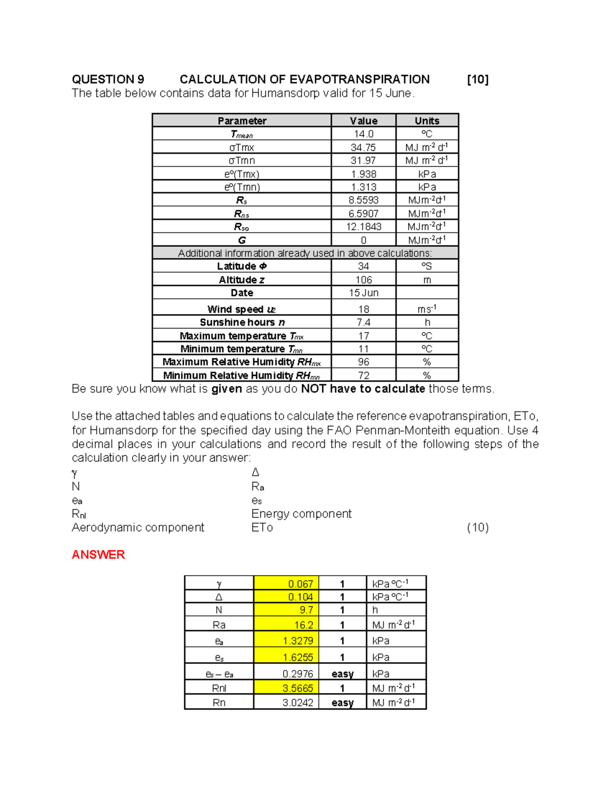 2- Question 9 Calculation OF Evapotranspiration - QUESTION 9 ...