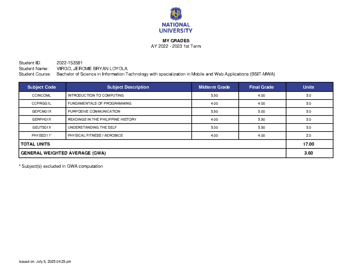 First Term - asd - MY GRADES AY 2022 - 2023 1st Term Student ID: 2022 ...